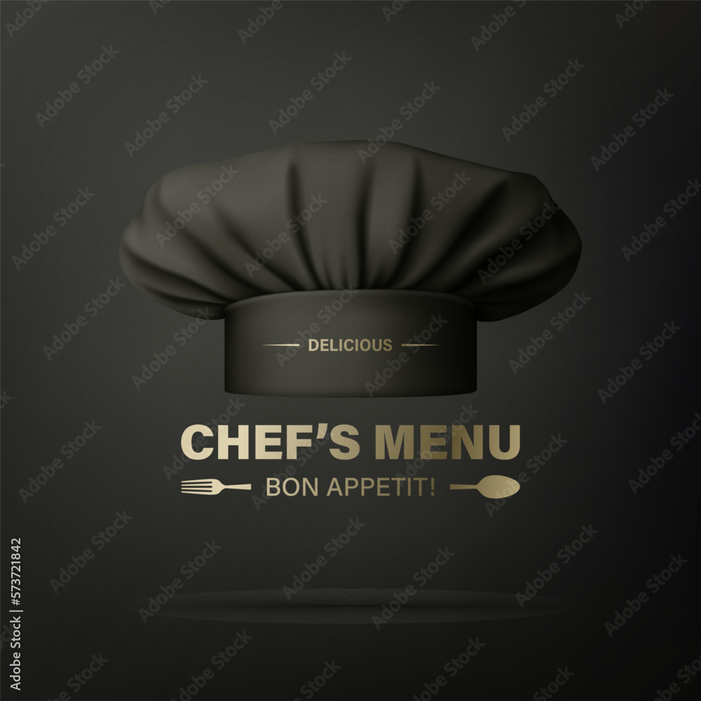 Poster Vector Banner with 3d Realistic Black Chef Hat, Toque on Black ...