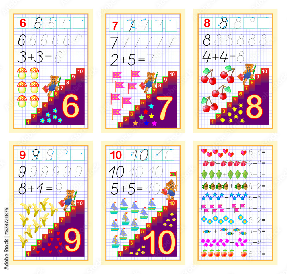 Set of educational pages on square paper for children with numbers from ...