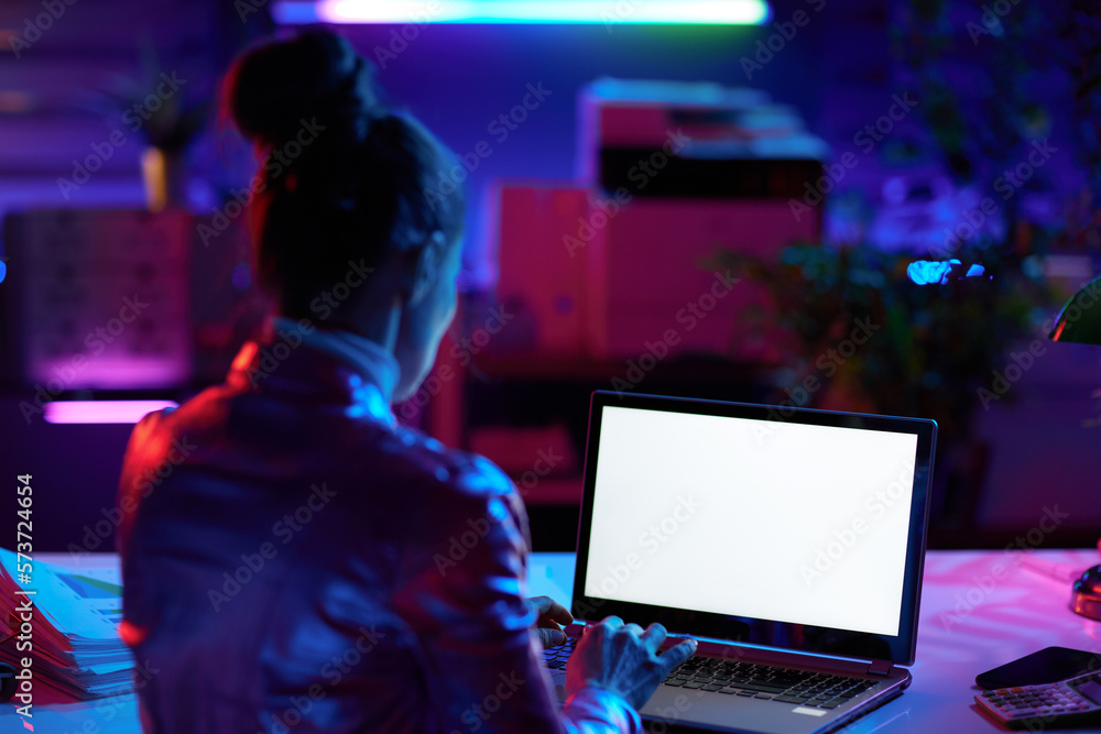 Seen from behind modern business woman with laptop blank screen Stock ...
