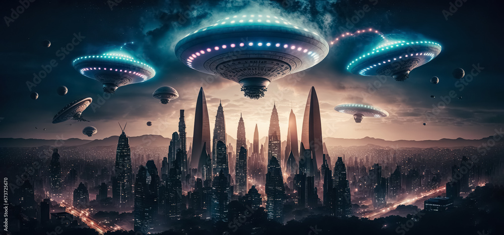 UFO Armada over downtown. giant alien spaceships over the city. UFO ...