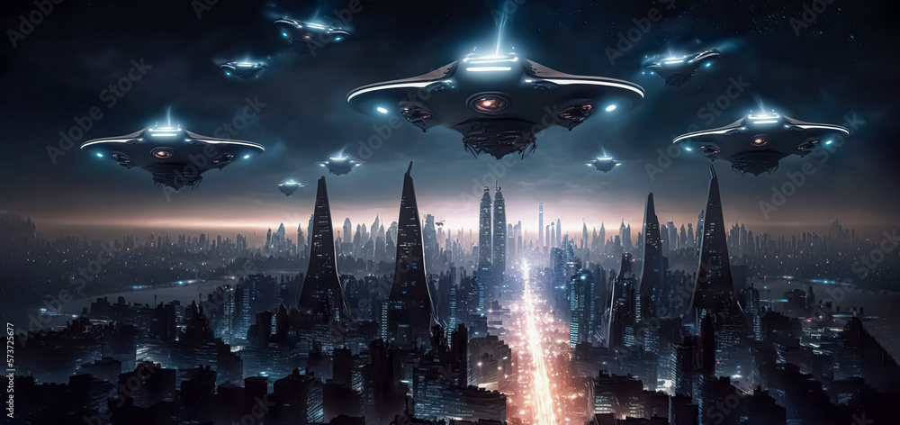 UFO Armada over downtown. giant alien spaceships over the city. UFO ...