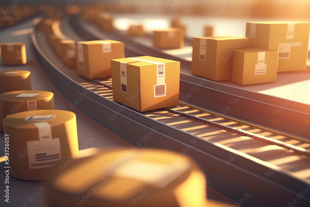 Cardboard boxes and packages move on an autonomous conveyor belt in a ...