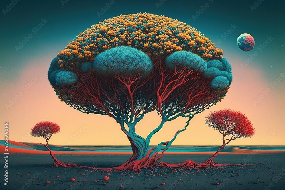Artistic illustration, interpretation of colored trees with human forms ...
