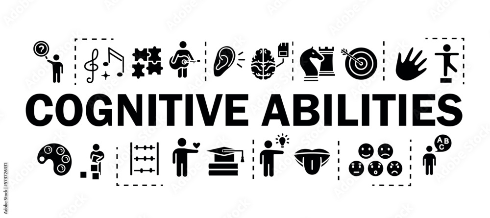 Cognitive abilities banner concept. Collection of black icons. Brain ...