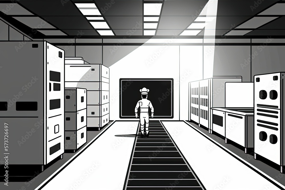 Dolly in to bright, modern cleanroom of semiconductor fabrication plant ...