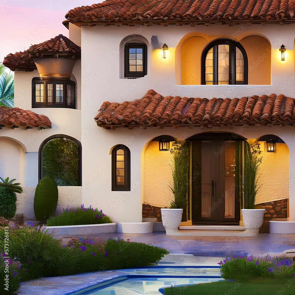 Image of a neo-mediterranean house with a barrel tile roof and stucco ...