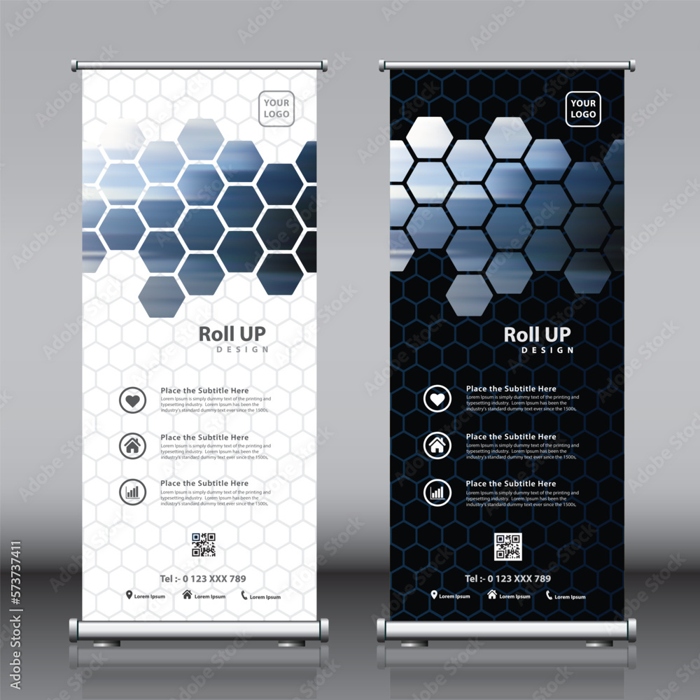 Roll up banner design set with an image placement. Editable black and ...