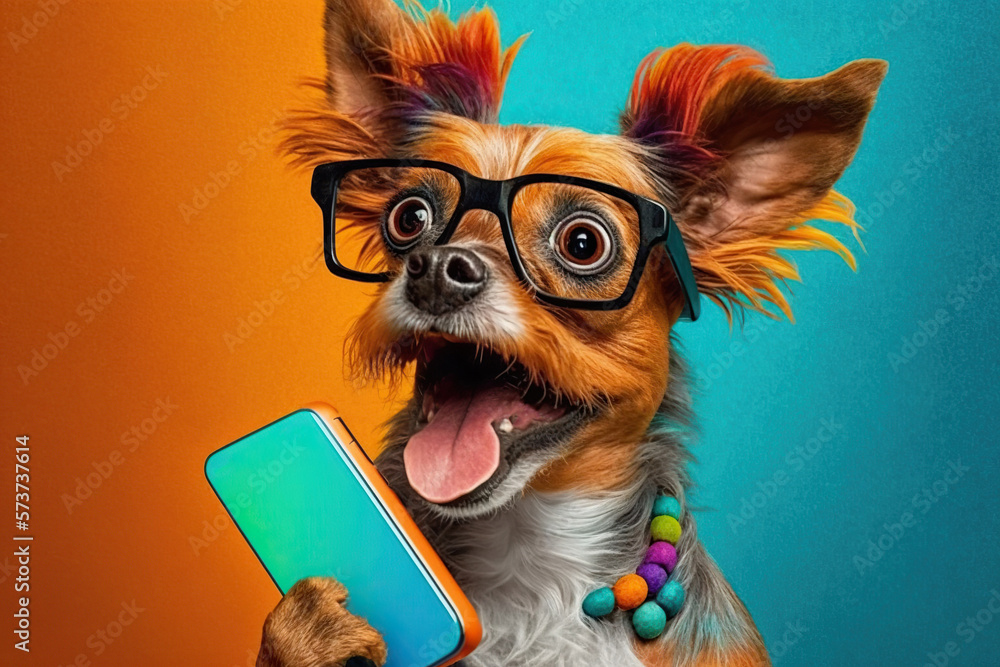 Shocked cute dog in glasses with open mouth looks at phone screen ...