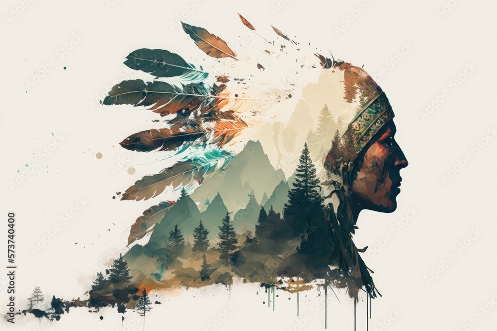 Native american silhouette, head morphing into mountains, landscape ...