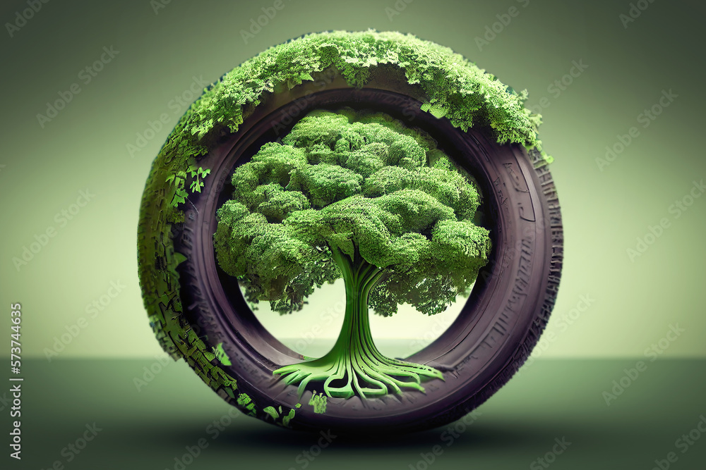 Tire wheel on green background, with tree growing inside it. Creative ...