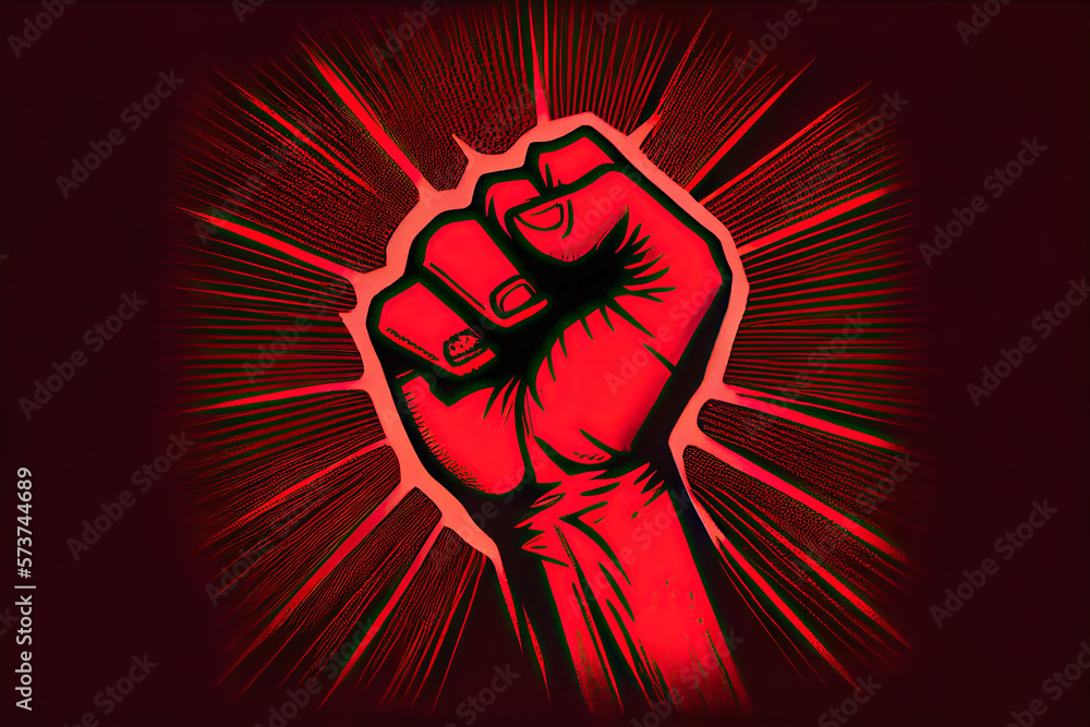 Red fist on a black background, which is a well-known symbol protest ...