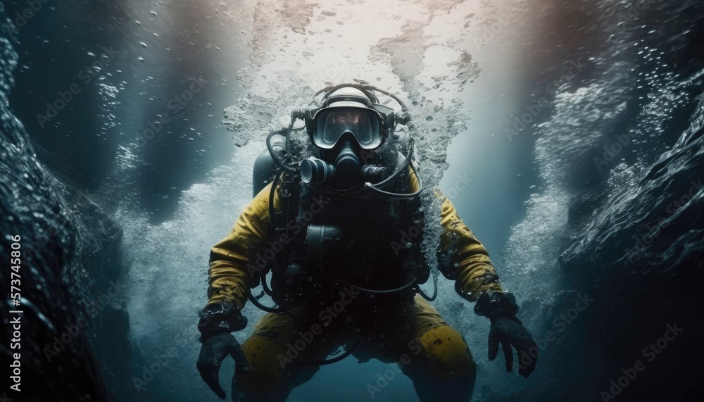 Scuba deep sea diver swimming in a deep ocean cavern . Underwater ...