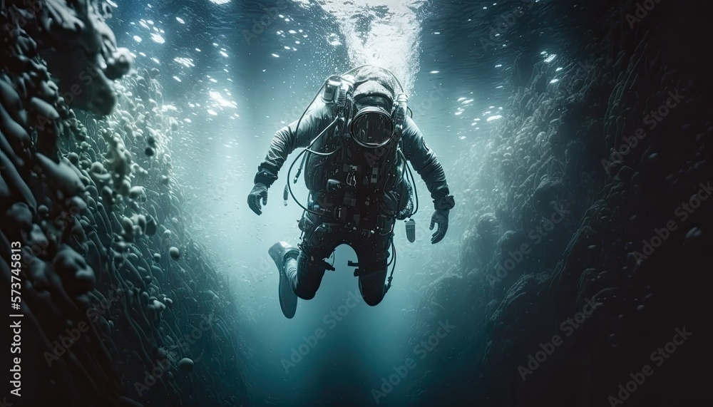 Scuba deep sea diver swimming in a deep ocean cavern . Underwater ...