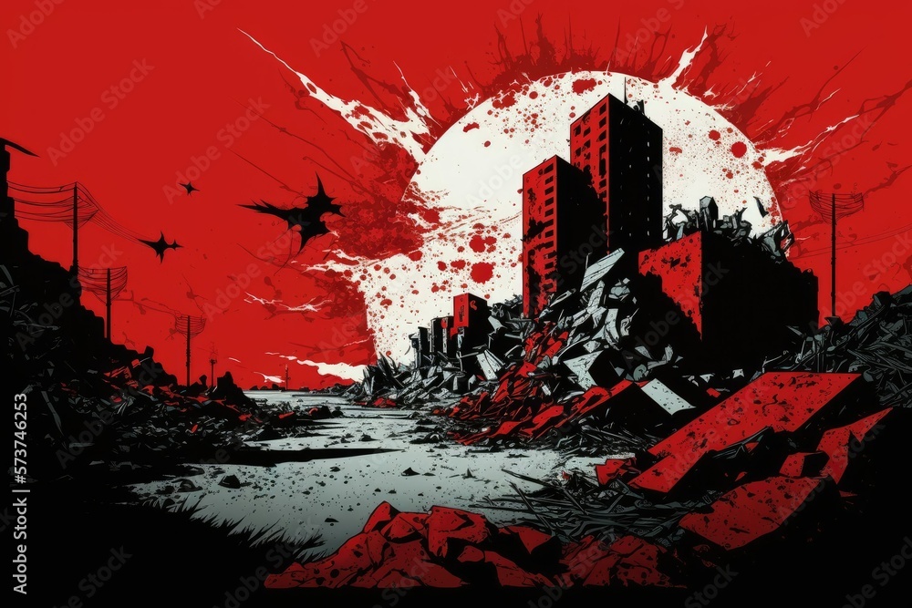 Debris and crumbling buildings litter the landscape as a fictional ...