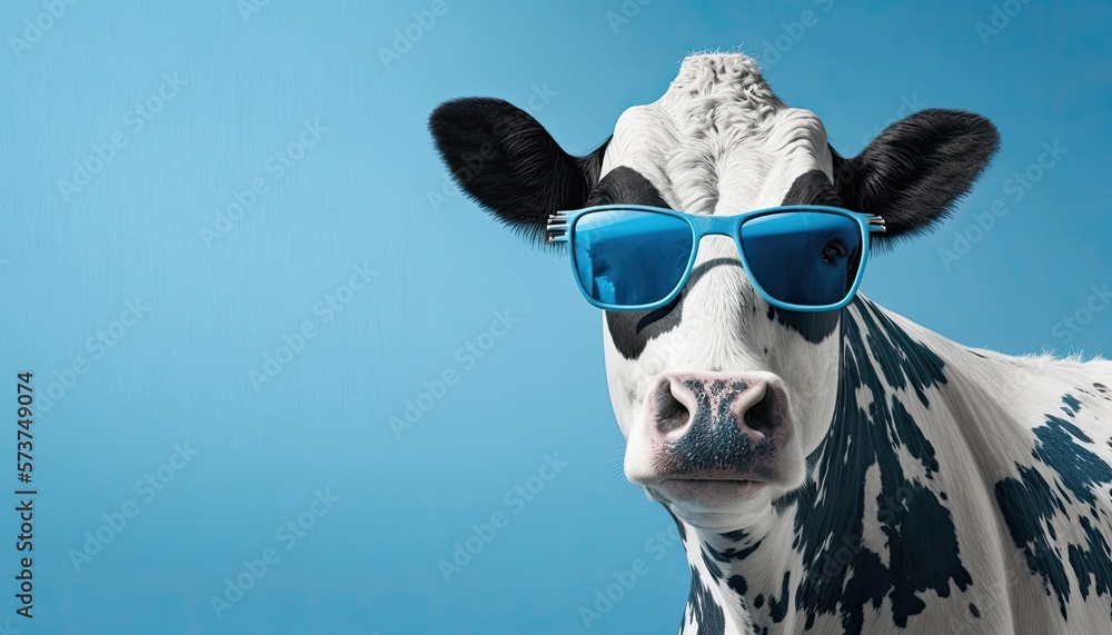 cool black and white cow with sunglasses in front of blue studio ...