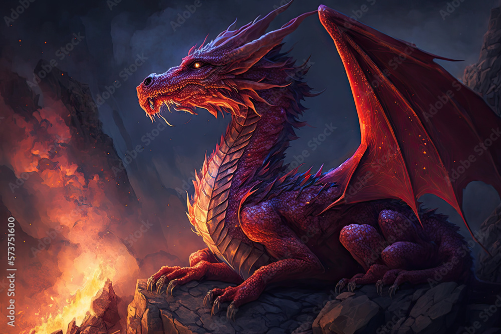 Red giant dragon breathing fire, sitting on a rock. Mythology creature ...