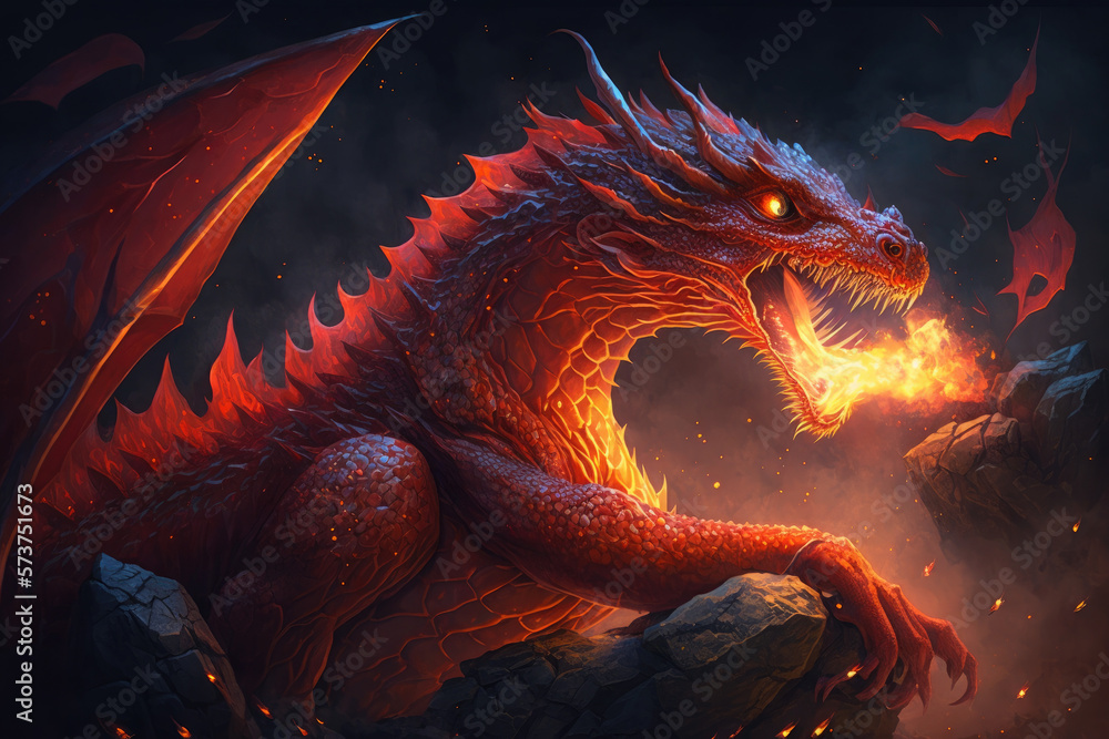 Red giant dragon breathing fire, sitting on a rock. Mythology creature ...