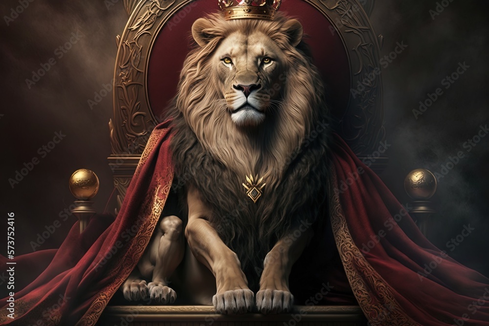 Royal lion wearing a gold crown and red cloak sitting on a golden and ...