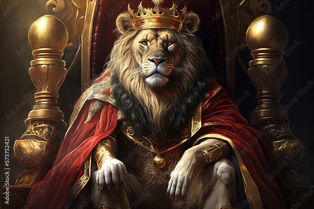 Royal lion wearing a gold crown and red cloak sitting on a golden and ...