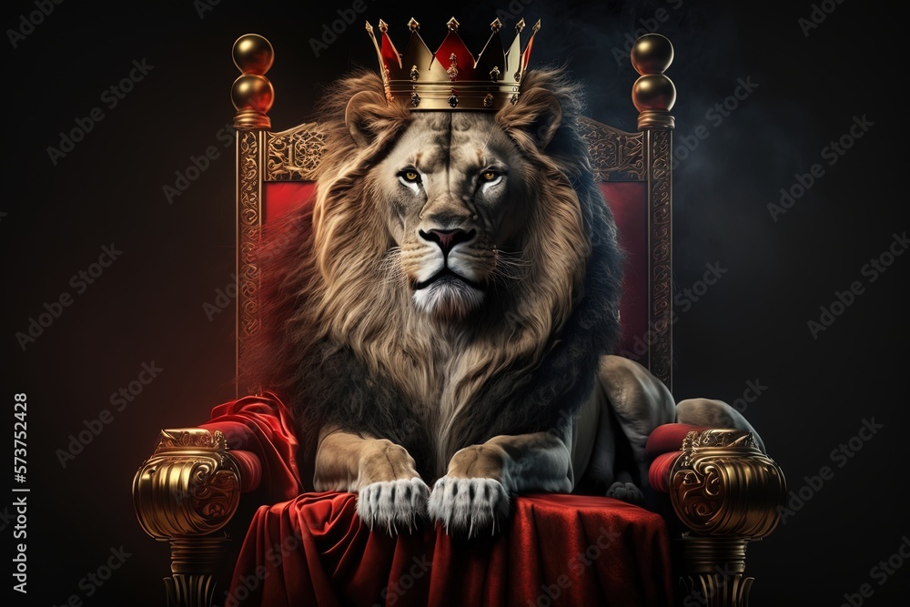 Royal lion wearing a gold crown and red cloak sitting on a golden and ...