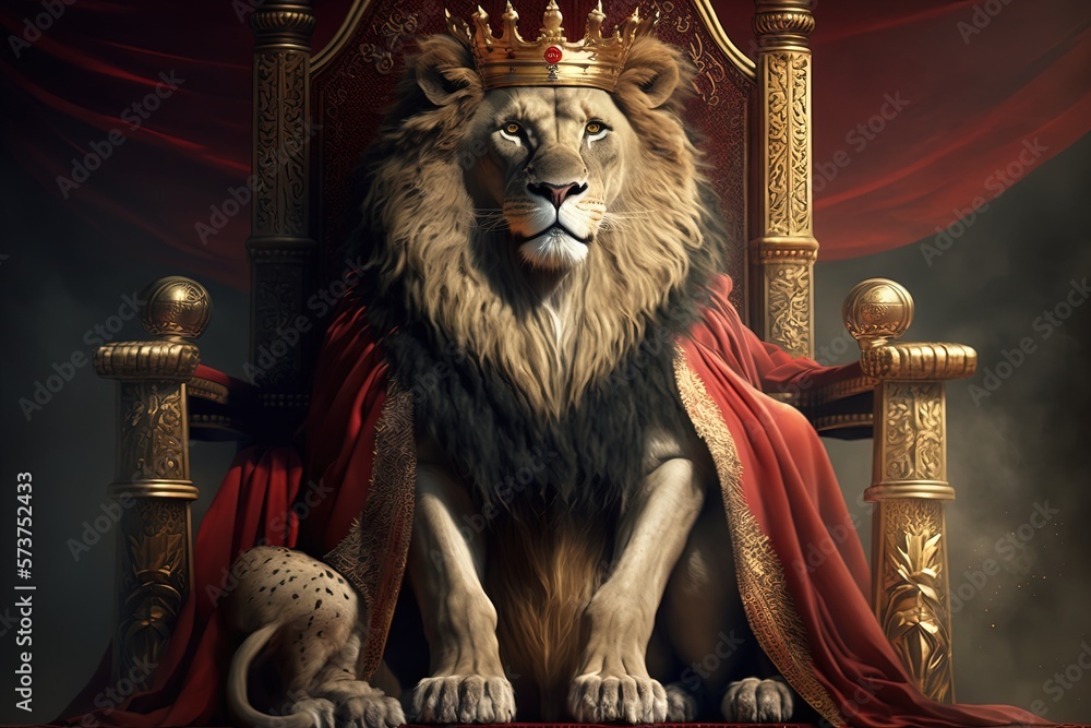 Royal lion wearing a gold crown and red cloak sitting on a golden and ...