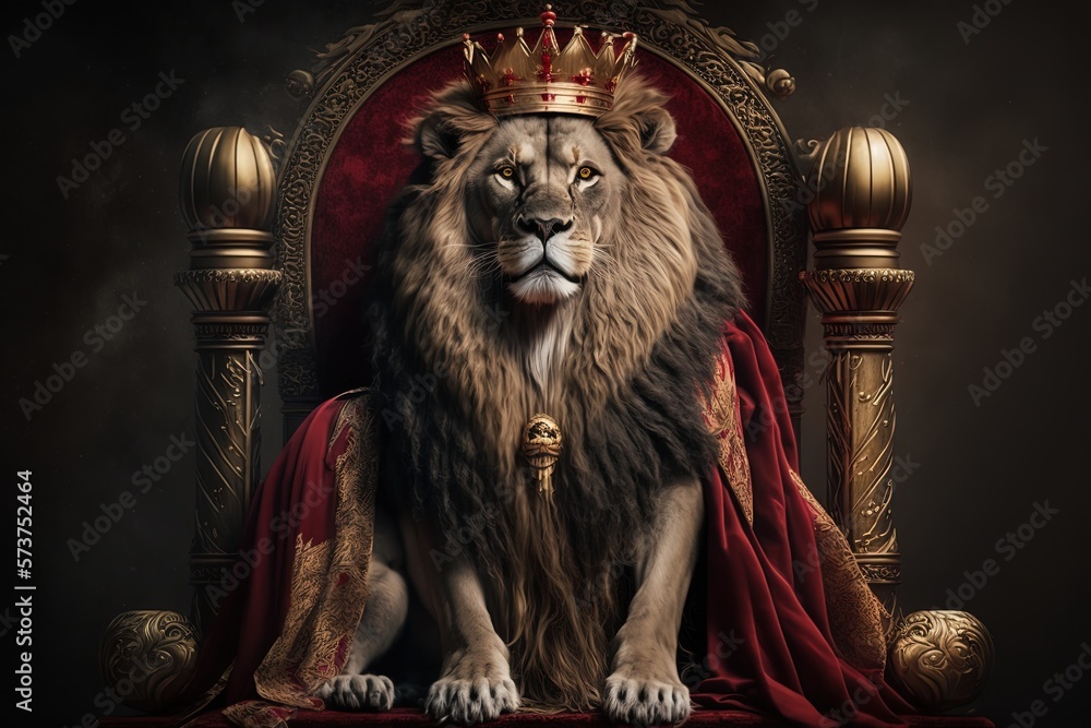 Royal lion wearing a gold crown and red cloak sitting on a golden and ...