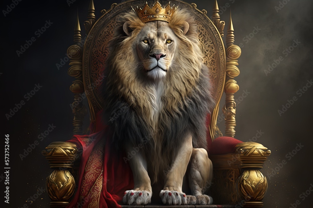 Royal lion wearing a gold crown and red cloak sitting on a golden and ...