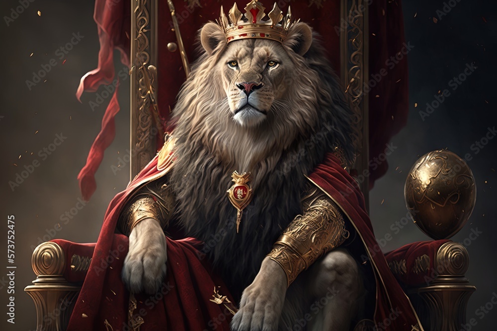 Royal lion wearing a gold crown and red cloak sitting on a golden and ...