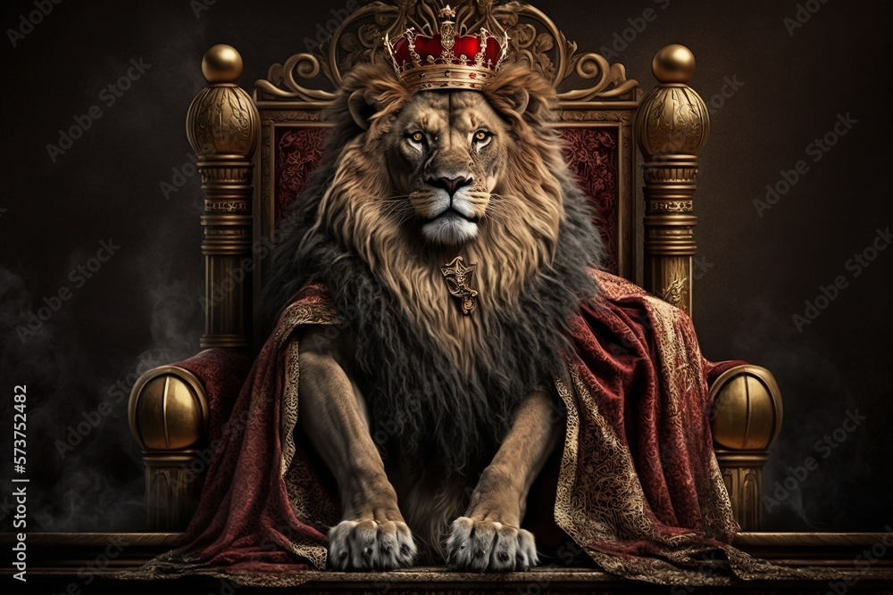 Royal lion wearing a gold crown and red cloak sitting on a golden and ...