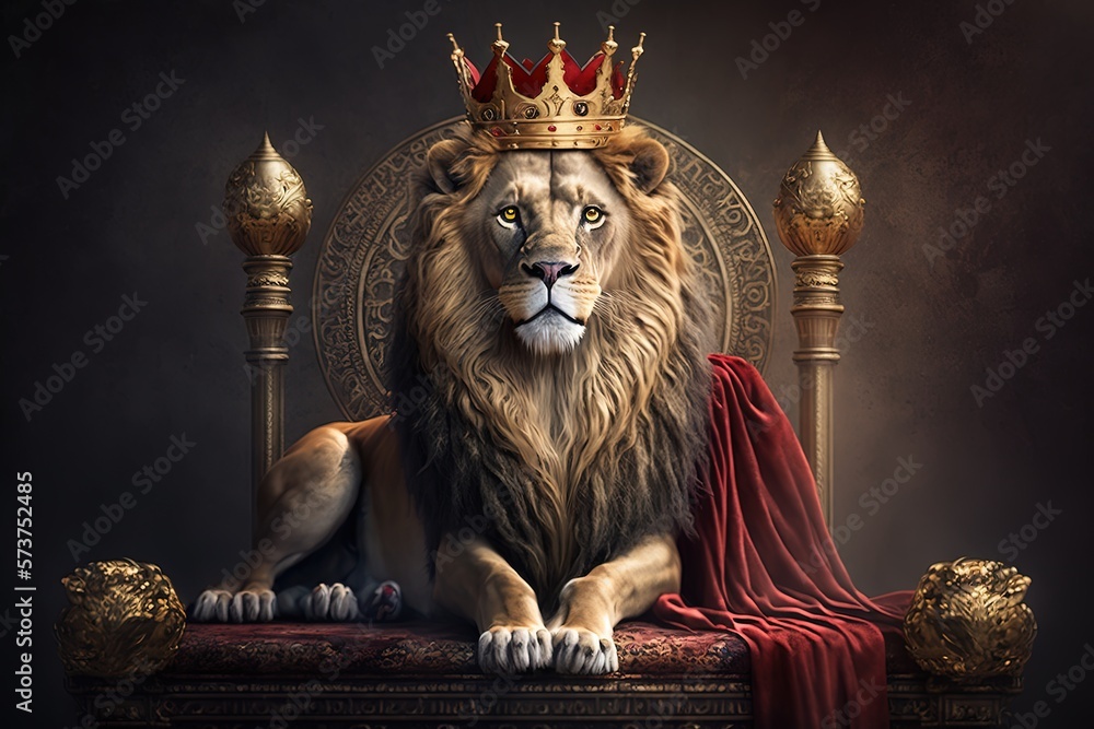 Royal lion wearing a gold crown and red cloak sitting on a golden and ...