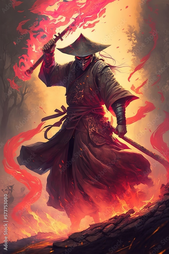 A samurai in a demonic red mask on the battlefield makes a swing with a ...