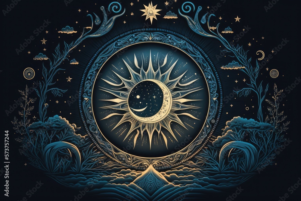 Mystical bohemian backdrop, with a starry night sky, a crescent moon, a ...