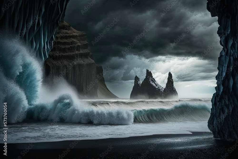 Reynisfjara Beach, with its breathtaking lighting display. Colossal ...