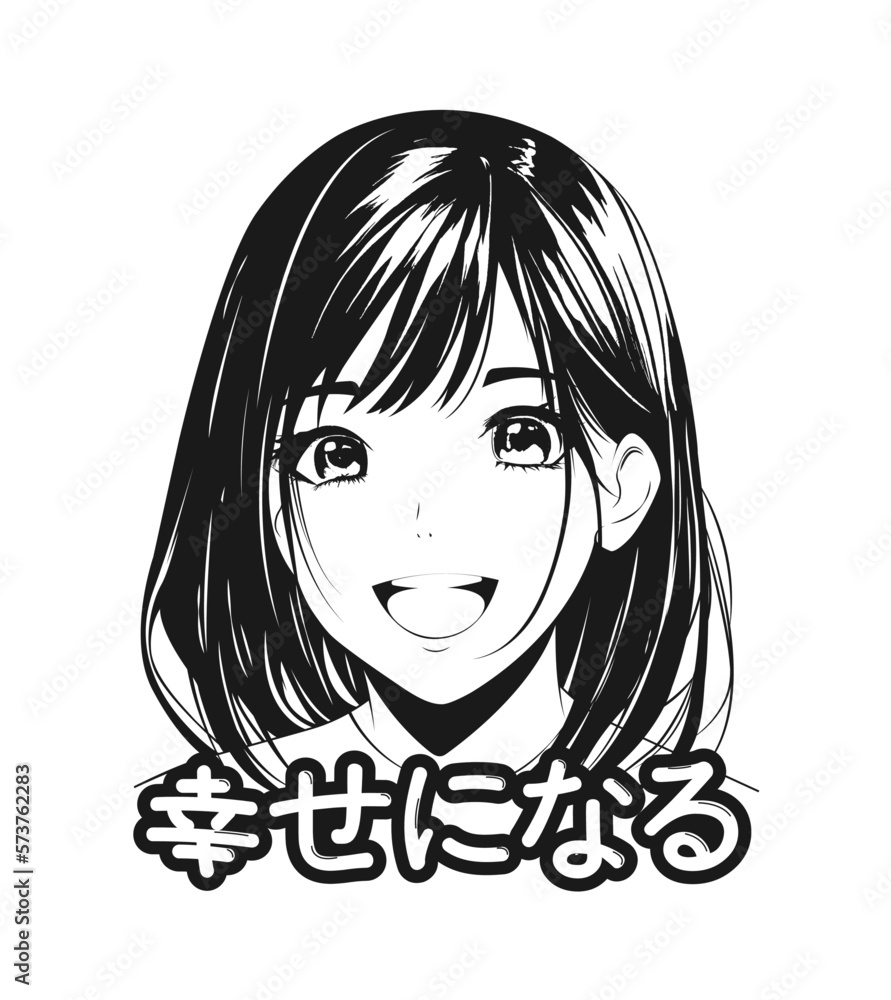 Happy Anime Girl In Manga Style Black And White Illustration Girl With Big Eyes And A