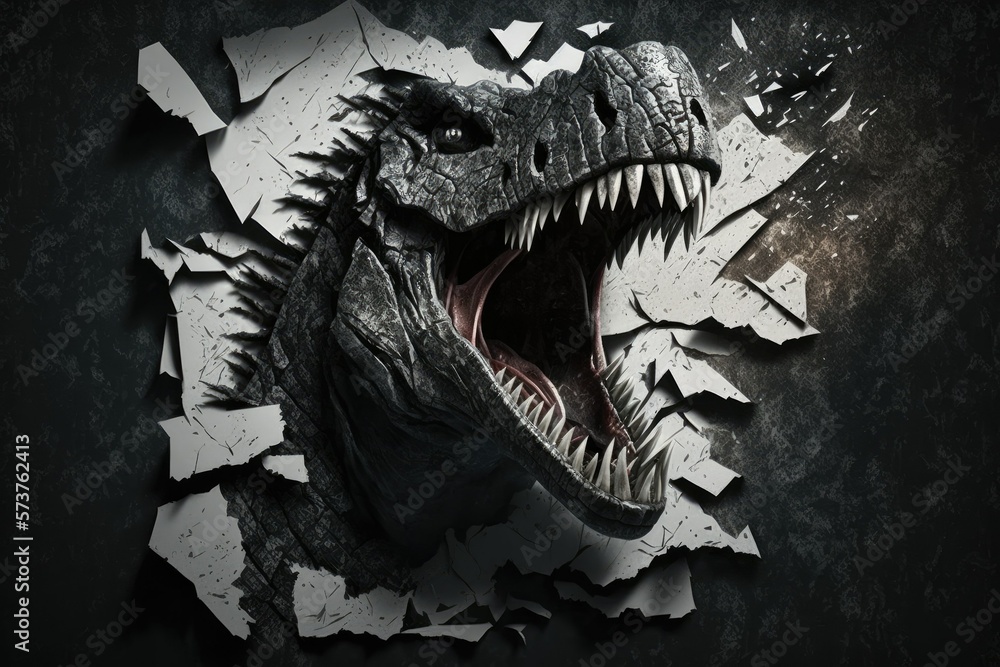 An enraged T Rex figurine emerges from a sheet of torn paper in this up ...