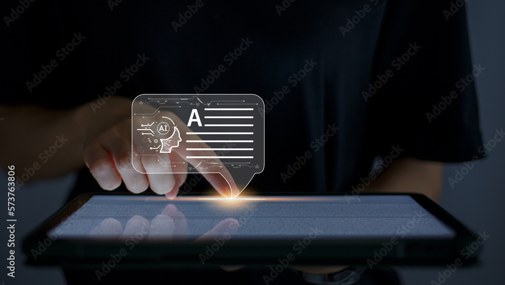 Smart AI chatbot answering questions via tablet screen. Technology to ...