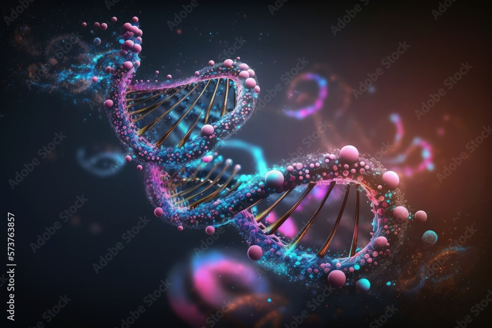 Poster Digital image of pink DNA molecule whirling with molecules and ...