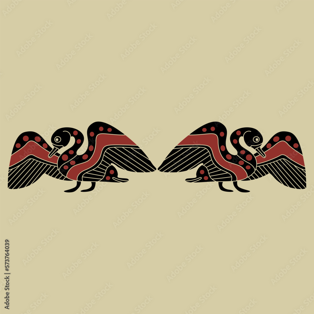 Symmetrical design with two waterfowl birds with open wings. Swans ...