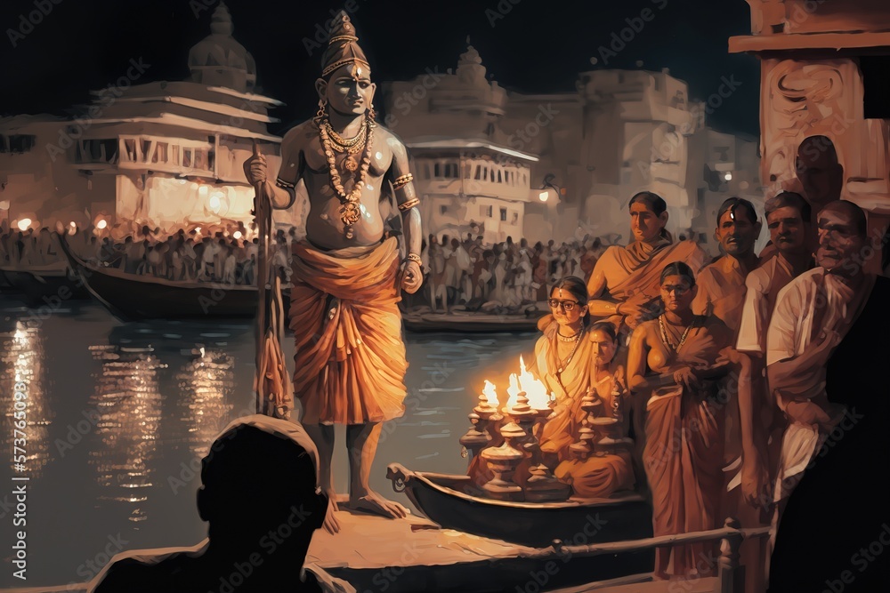 AI-generated image of Ganga Aarti in progress at the bank of river ...