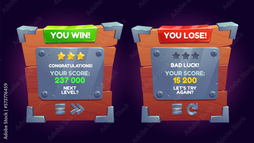 Win and lose ui game screen design, wooden winner panel with score and ...