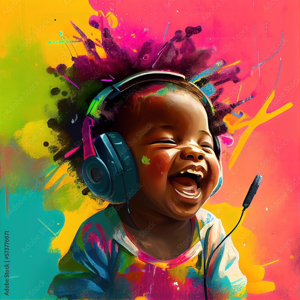 Cute happy laughing african child with headphones. Colorful drawing. Ai ...