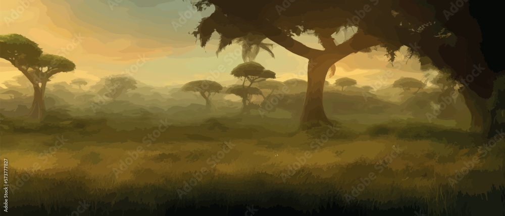 African savanna. Grass, acacia trees and river. Realistic vector ...