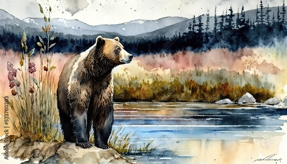 Grizzly Bear in a river watercolor painting. An illustration created ... Grizzly Bear in a river watercolor painting. An illustration created ...