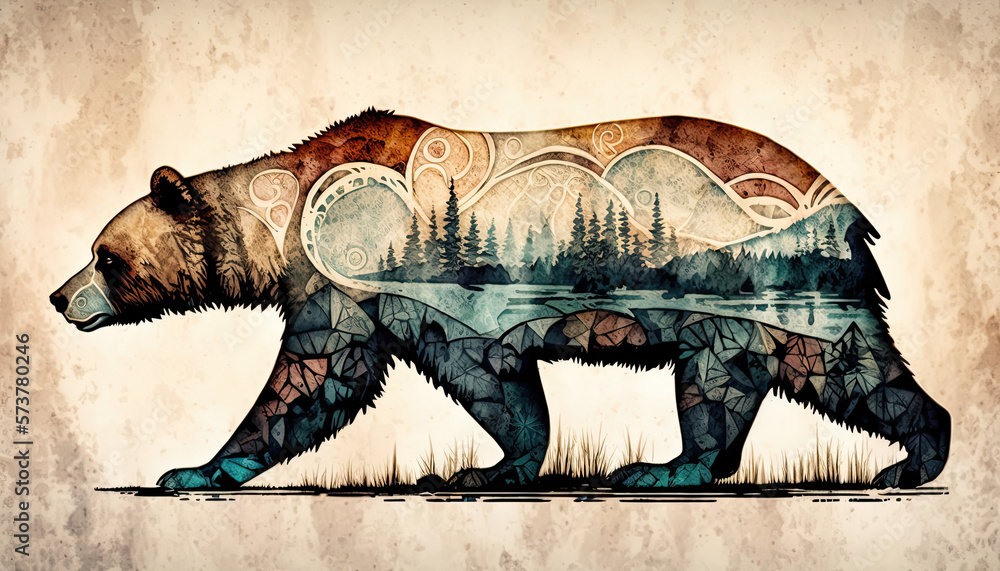 Grizzly Bear Silhouette Native Art. An illustration created with ...