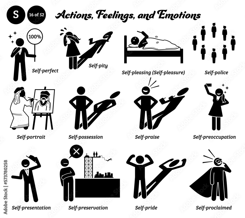 Stick figure human people man action and feelings icons alphabet S ...