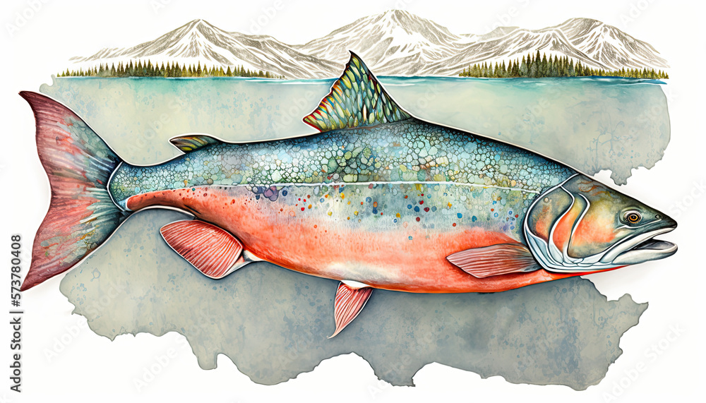 Sockeye Salmon and mountains Alaskan art for Postcards and Prints in ...