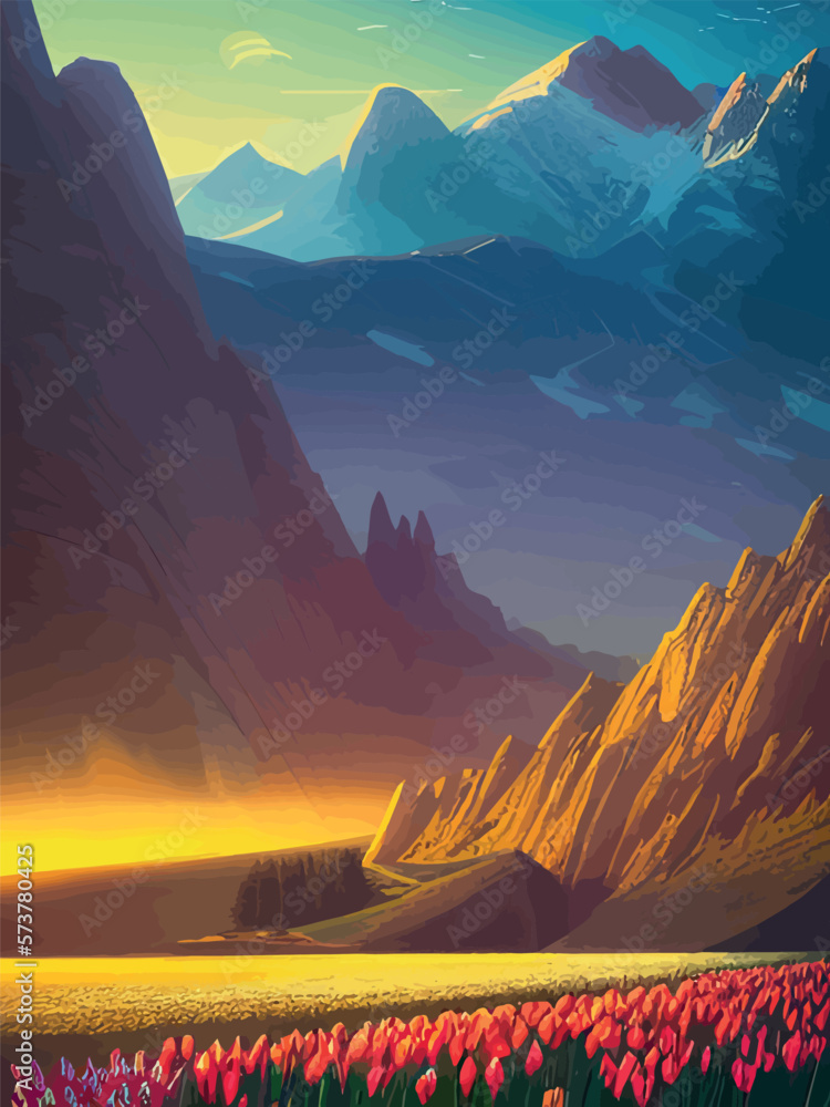 Vector spring background. Dutch landscape with tulip field, trees ...