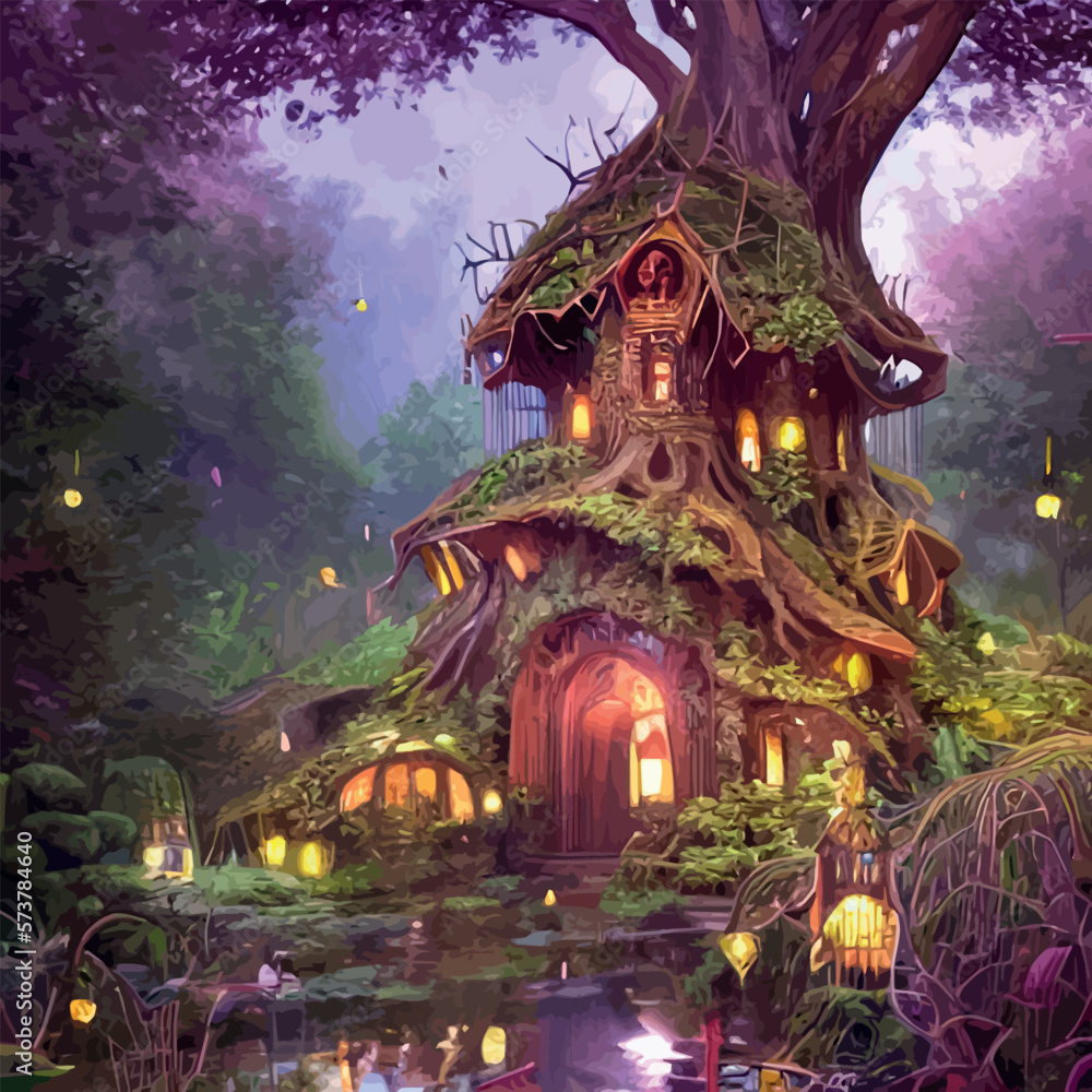 Fairy-tale house in a tree with a roof intertwined. Square flat cartoon ...