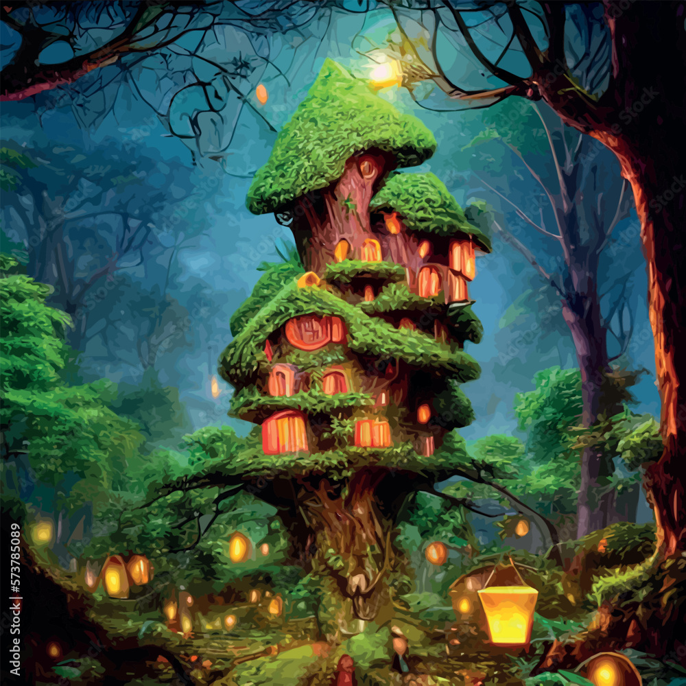 Fairy-tale house in a tree with a roof intertwined. Square flat cartoon ...