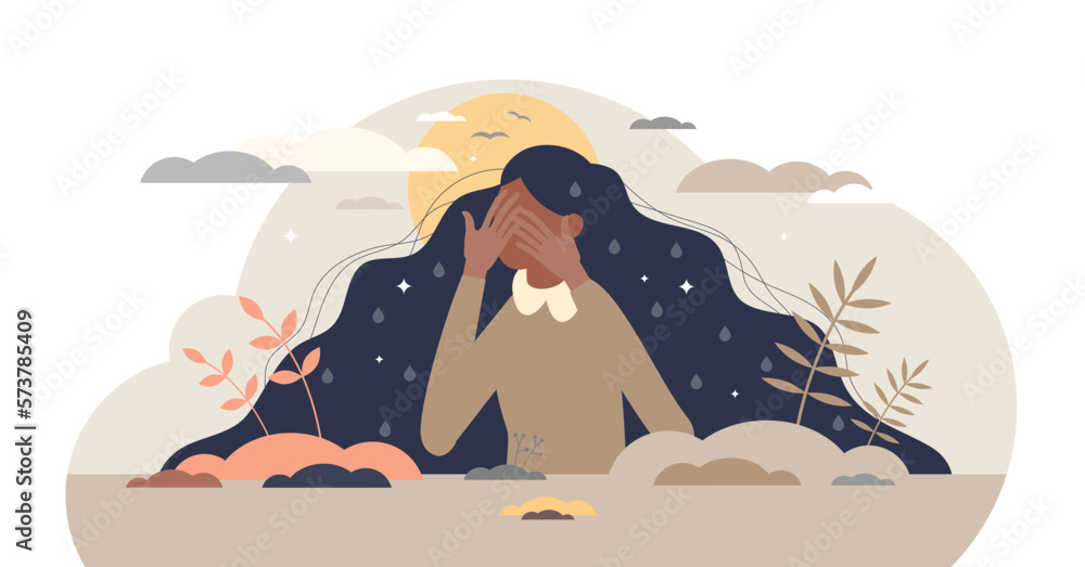 Grief emotion with negative feeling and mental breakdown tiny person ...